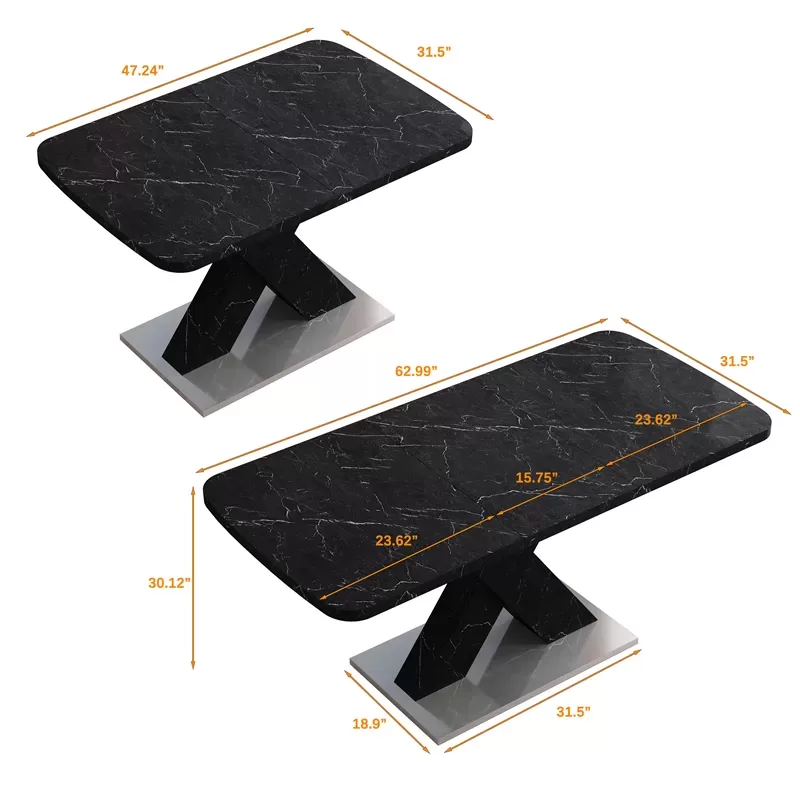 Modern Square Dining Table,Stretchable,Printed Black Marble Table Top+MDF X-Shape Table Leg with ...