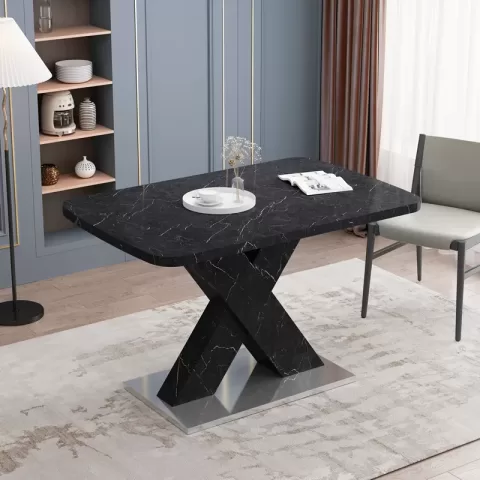 Modern Square Dining Table,Stretchable,Printed Black Marble Table Top+MDF X-Shape Table Leg with ...