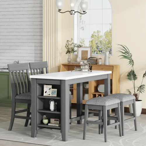 5-piece Counter Height Dining Table Set with Built-in Storage Shelves ...